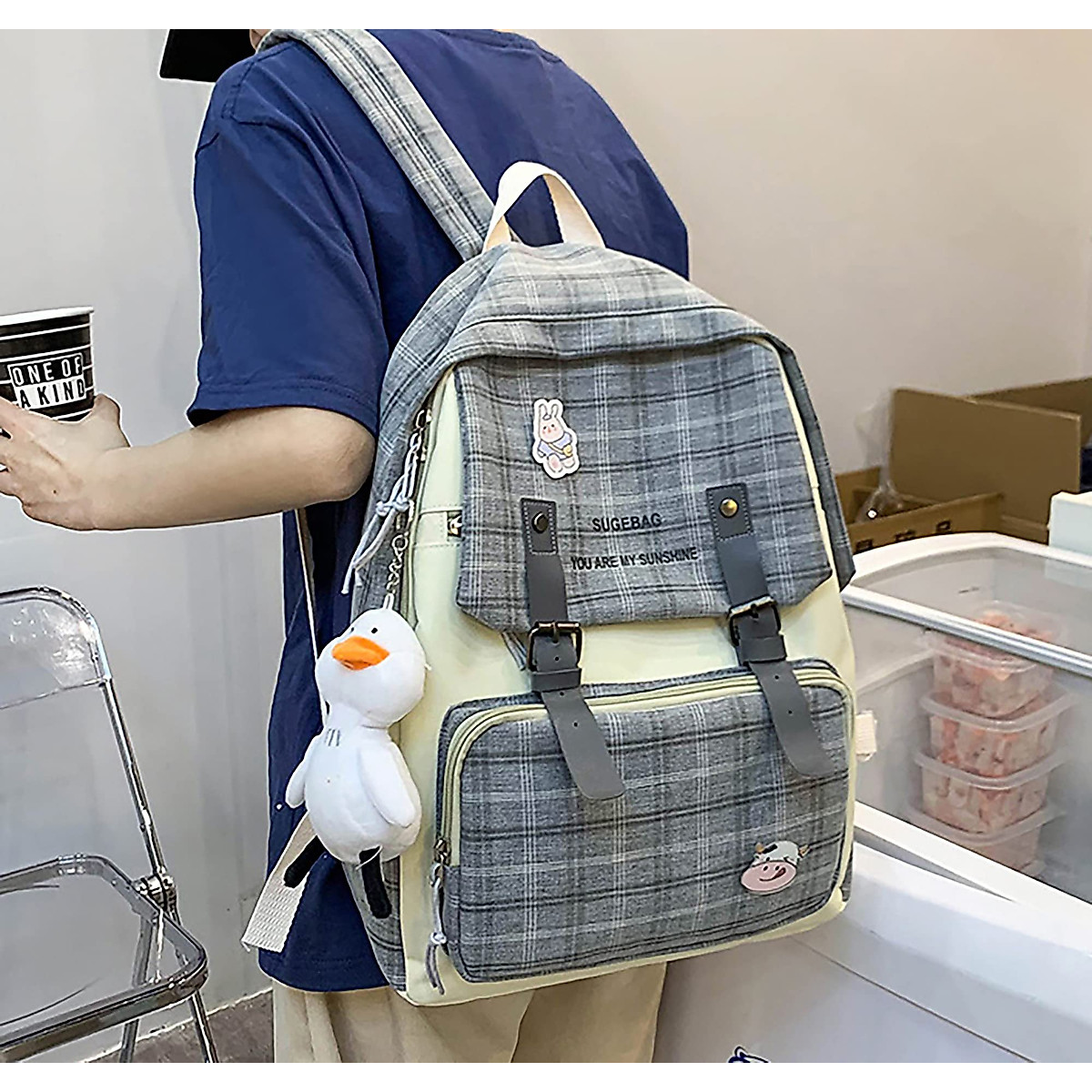 DAHUOJI 5Pcs Kawaii Backpack Set with Badge & Duck Pendant,Japanese Aesthetic Check Bookbag for Girls Cute Plaid School Bags Comes with Tote Bag,Shoulder Bag,Pencil Box,Small Bag(Black,16in)