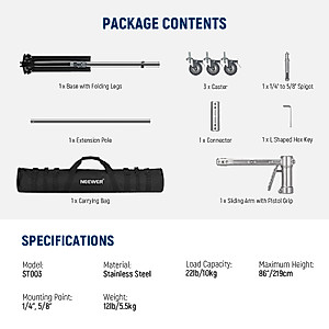 NEEWER 88"/224cm Light Stand Stainless Steel Heavy Duty with Pistol Grip, Sliding Arm, Detachable Caster, Folding Leg, 1/4" 5/8" Spigot, Photography Flash/Ring Light Stand, Max Load 22lb/10kg, ST003