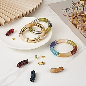 Boutigem 120pcs Chunky Curved Tube Acrylic Beads Imitation Gemstone Loose CCB Plastic Beads Rhinestone Spacer Beads Elastic Thread DIY Stacking Stretch Bracelet Bangle Making Kit