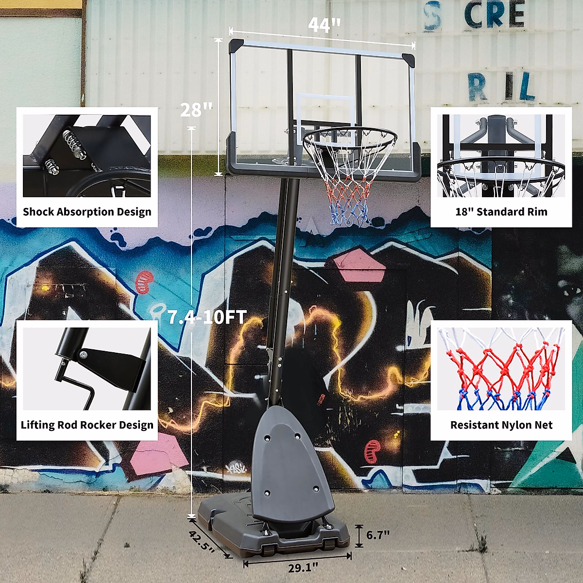 Portable Basketball Hoop Height Adjustable 7.4-10ft Indoor Outdoor Basketball Goal System with 44In Shatterproof Backboard and 18In Rim for Kids/Adults