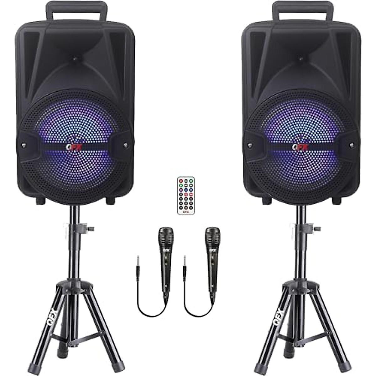 QFX PBX-800TWS 8-Inch TWS Bluetooth Stereo PA System with 2 8" Speakers, 2 Microphones, 2 Stands, and a Remote Control