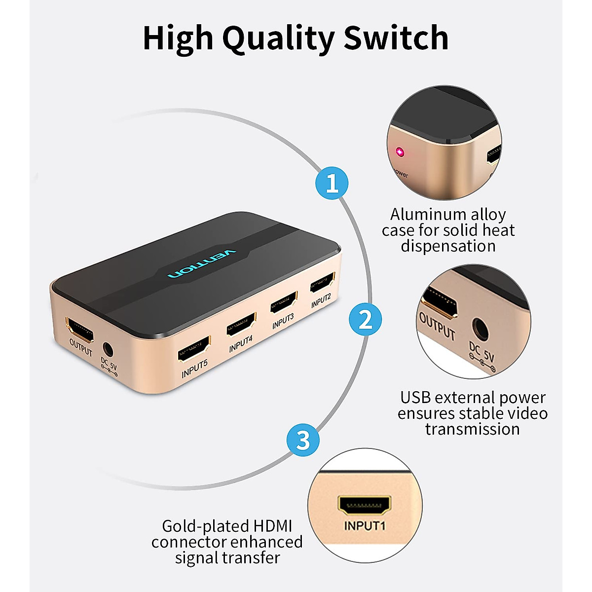 VENTION HDMI Switch 5 in 1 Out 4K@30Hz HDMI Selector Switch with IR Remote HDMI 1.4 HDCP 1.4 Support 4K HD 3D 1080P 2160P HDMI Switch Box for Roku, Apple TV, PS5/4/3, Fire Stick