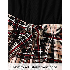 PATPAT Matching Family Outfits Mommy and Me Dresses Matching Set Mom and Daughter Matching Outfits Long Sleeve Patchwork Belted Dress and Button Down Plaid Shirts Khaki Buffalo Plaid Dress for Women M