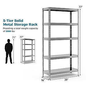 Giantex 4 Pcs 5-Tier Storage Shelves, 39 x 16 x 77 Inch Adjustable Steel Storage Rack with Foot Pads, 2866 LBS Load Capacity,Bolt-Free Installation Hevy Duty Garage Shelving for Warehouse, Silver
