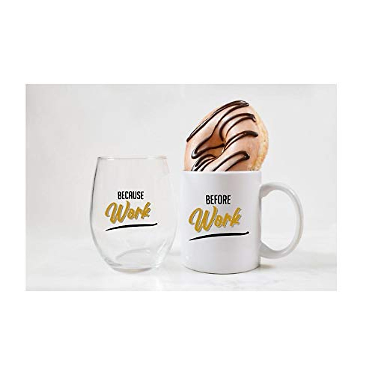 Before Work, Because Work Mug and Wine Glass Set - Funny Office Gifts - Great Boss Gift - Funny Coworker Gift - Before and after work