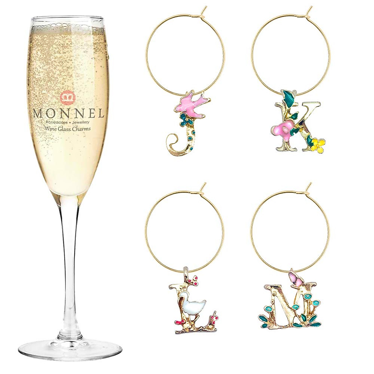 P463 Tiny Initial Letter J K L M Wine Charms Glass Marker for Party with Velvet Bag- Set of 4