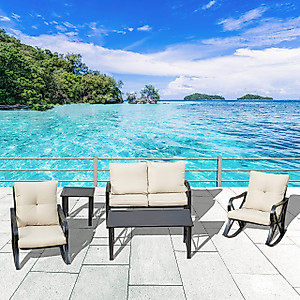 LOKATSE HOME 5 Pieces Outdoor Loveseat Set Rocking Chairs Patio Conversation Furniture Metal Bench with Cushion & Coffee Table, Khaki