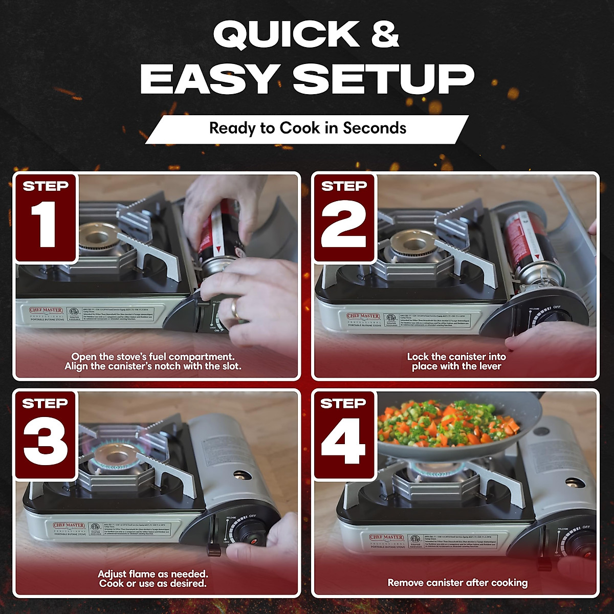 Chef Master 90340 | Pack of 4 Butane Fuel Cylinders| 8oz Butane Canisters for Portable Stove | Butane Torch Replacement Canisters