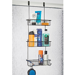 mDesign Extra Large Metal Over Shower Door Caddy, Hanging Bathroom Storage Organizer Center with Built-in Hooks and Baskets on 3 Levels for Shampoo, Body Wash, Loofahs - Black