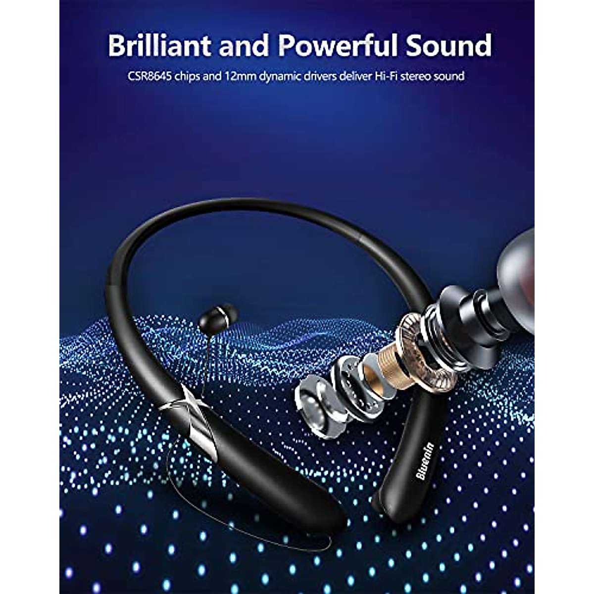 HaiYusen Bluetooth Headphones, Bluenin Neckband Wireless Headphones Bluetooth 5.0 Retractable Earbuds Stereo Headset CVC 8.0 Noise Cancelling Call Vibrate Alert Earphones with Mic (Black)