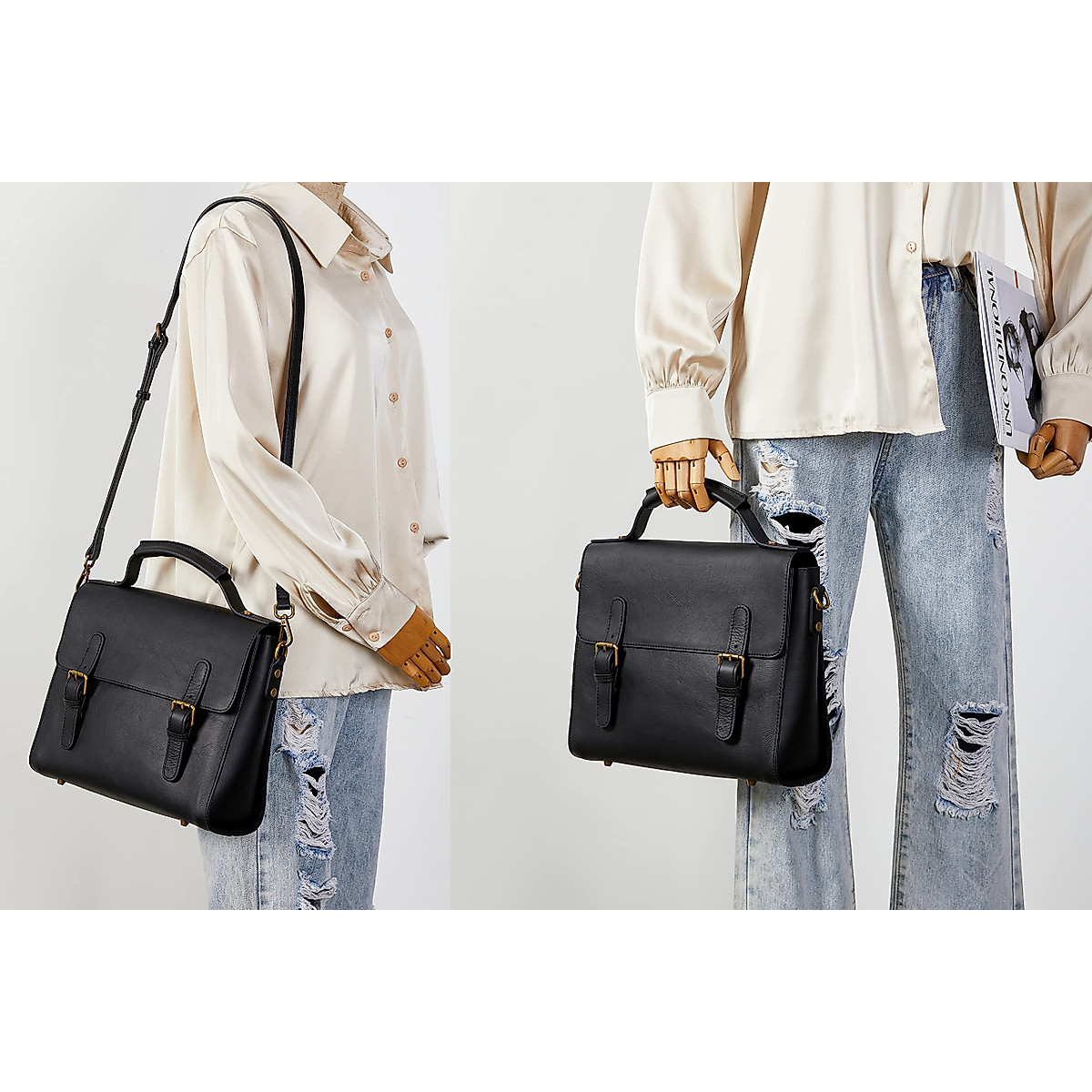 Vintage Leather Messenger Bag For Women Top Handle Shoulder Handbags Fit A4 Paper (Black)