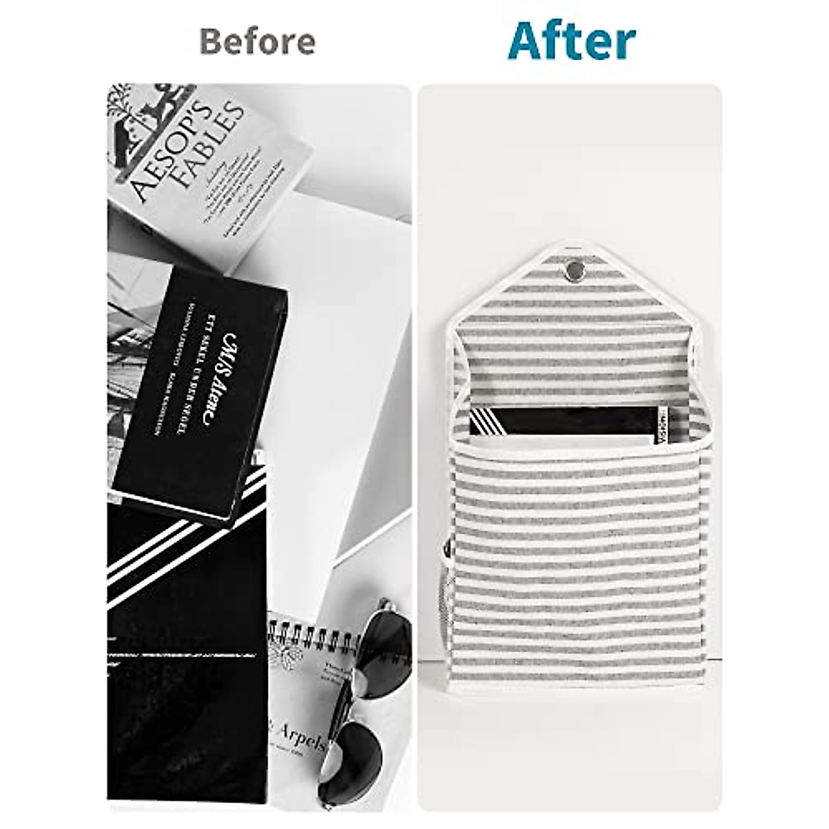 PARAKE Wall Hanging Storage Bag, 2 Pack Waterproof Hanging Organizer Bag for Bedroom, Large Pocket Organizer Basket with Side Pocket, 4 Sticky Hook, Hanging Bag for Bathroom Office, Grey White Stripes