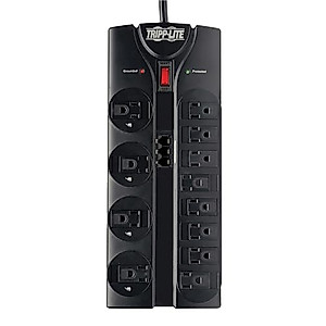 Tripp Lite 12 Outlet Surge Protector Power Strip, 8ft Cord, Right-Angle Plug, Tel/Modem Protection, RJ11, $150,000 Insurance (TLP1208TEL), Black
