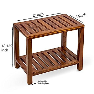 TeakCraft Teak Shower Bench with Shelf 21 Inch, Fully Assembled Teak Wood Shower Stool, Shower Bench for Elderly, Indoor and Outdoor Use, The Theia