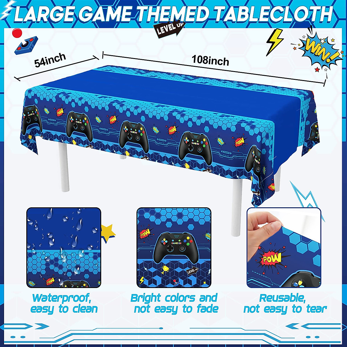 Gamer Birthday Decorations Video Game Birthday Decorations for Boys Game on Birthday Party Supplies Game Plates and Napkins Tablecloth Blue Gaming Party Decorations Men Kids Girls Level Up Party Decor