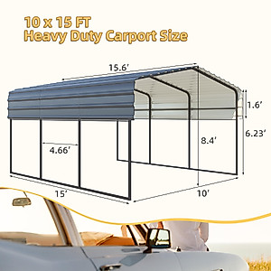 HOMMOW 10'x15' Heavy Duty Carport, Multi-Purpose Shade with Galvanized Steel Roof, Upgraded Extra Large Metal Garage for Car, Boats and Tractors, Car Shelter and Shade
