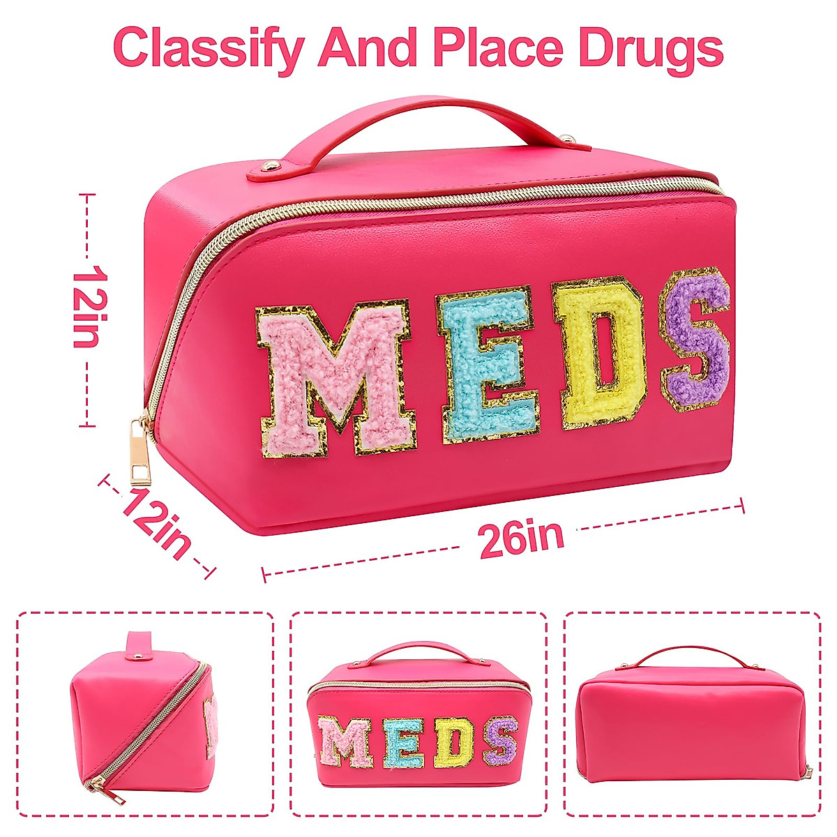 dark swan Chenille Letter Portable Makeup Bag Medicine Drug Bag Waterproof Leather, Preppy Patch Makeup Cases w/ Zipper, MEDS First Aid Pouch Purpose Bag School Home Travel Camping Supplies (Pink)