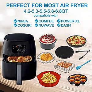 8 Inch Air Fryer Accessories, XL Set of 10 For Gowise USA Phillips Ninjia Cosori Cozyna 4.2QT 5.3QT 5.5QT 5.8QT Deep Air Fryer, With Recipes Cookbook and Reusable Silicone Pot, for Oven Microwave