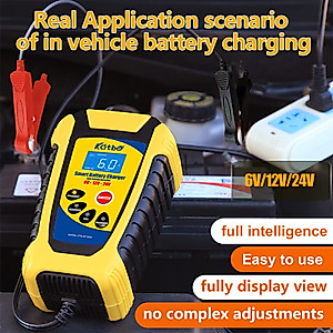 KATBO car Battery Charger, 6V 12V 24V trickle Charger 6-Amp, Battery maintainer, Smart Battery Charger for car Lead-Acid Batteries, AGM, Gel, SLA, STD