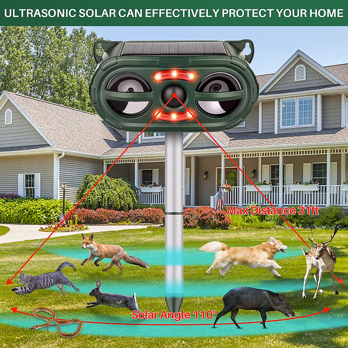Ultrasonic Animal Repeller,Solar Pest Animal Repellent Outdoor,Squirrel Repellent,Animal Deter Devices Outdoor,Effective Cat Repellent Outdoor with Motion Sensor & Flashing Light for Yard Garden