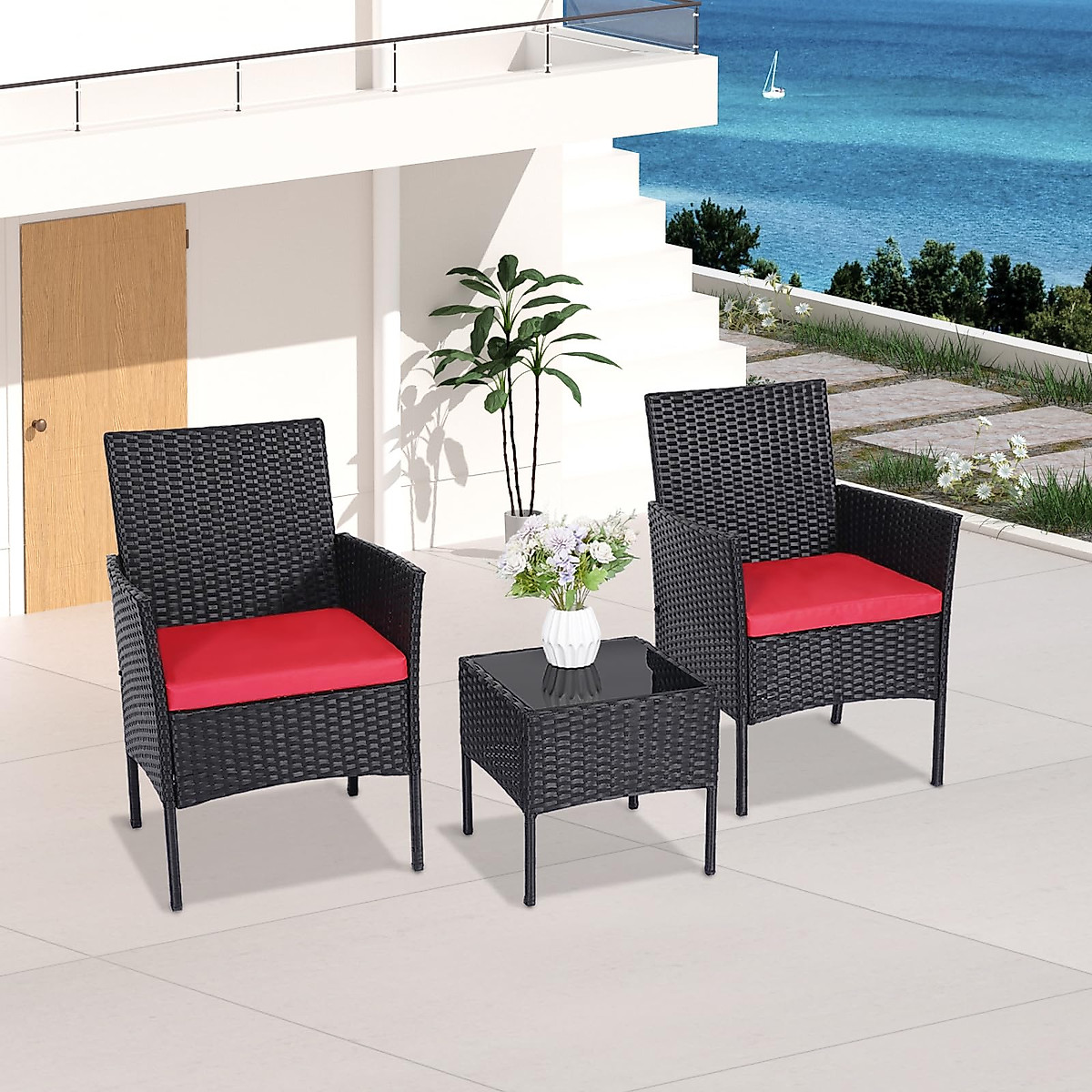 PAIQIAN Patio Set 3 Piece Outdoor Rattan Porch Furniture with Tempered Glass Side Table & Cushion All Weather Conversation Bistro Set for Balcony,Deck,Porch (Black/Red)