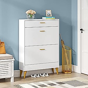 Tribesigns Shoe Cabinet, White Slim Shoe Storage Cabinet for Entryway, Modern 16 Pair Thin Shoe Rack Organizer with 2 Flip Drawers
