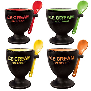 Rockin Gear Bowl and Spoon Set of 4 - Novelty Small Ice Cream Cups Combo Ceramic Fun Dessert Cups & Kitchenware for Home and Kitchen Decor