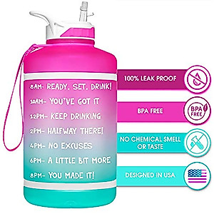 NatureWorks HydroMATE Half Gallon Water Bottle with Time Markers BPA Free Reusable Leak Proof Jug with Straw and Handle 64 oz (Pink Turquoise)