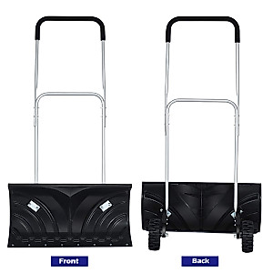 Goplus Rolling Snow Pusher Shovel, Handle Adjustable Snow Removal Tool, Manual Push Plow with 6-Inch Wheels for Driveway Pavement Stoop (Black)