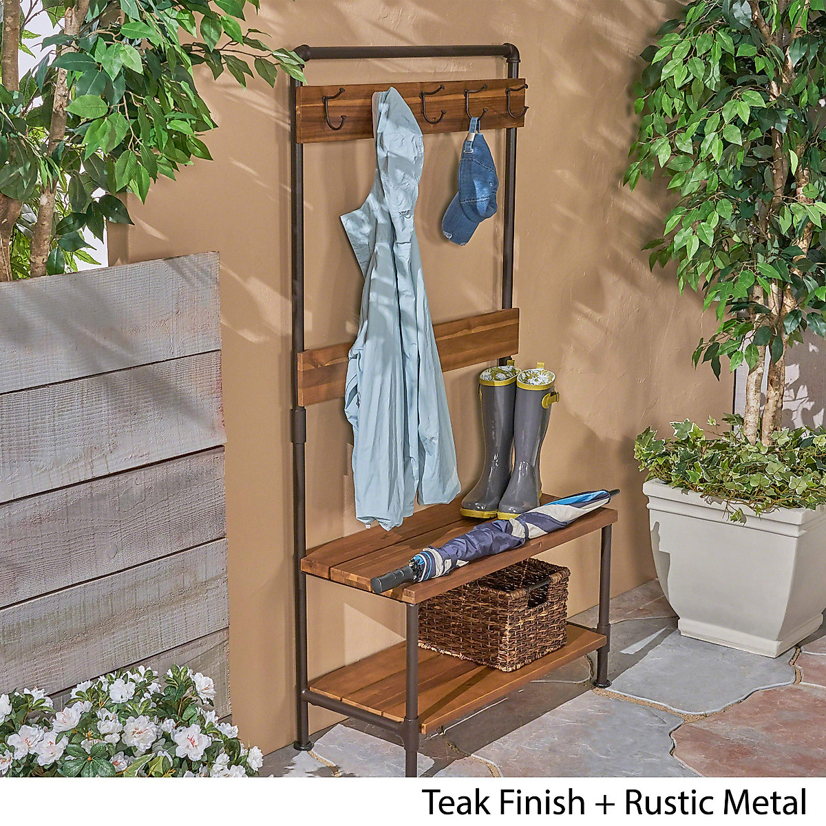 GDFStudio Outdoor Industrial Acacia Wood Bench with Shelf and Coat Hooks, Teak Finish