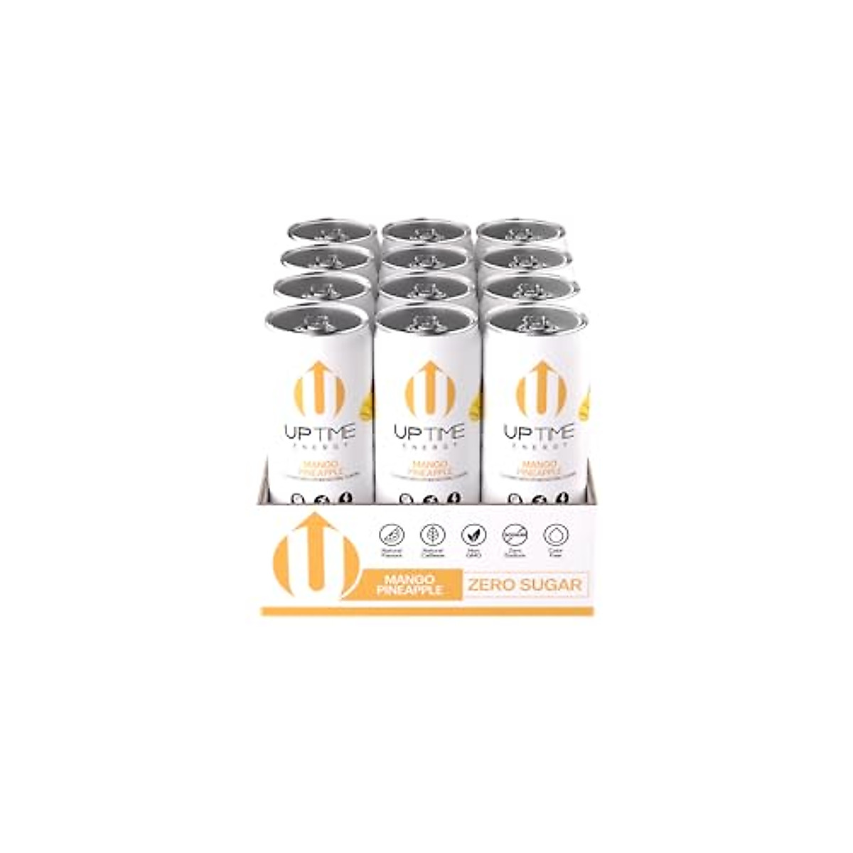 UPTIME Energy Drink, Mango Pineapple, 12 Pack, Vitamin C, L Theanine, Calcium, Sugar Free Energy Drinks for Focus Support, 142mg of Natural Caffeine, 5 Calories, Clean, Natural, Non GMO, 12 fl oz Cans
