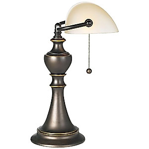 ALECH Traditional Piano Banker Table Lamp 16" High Antique Bronze Metal Alabaster Glass Shade for Bedroom Living Room Bedside Office
