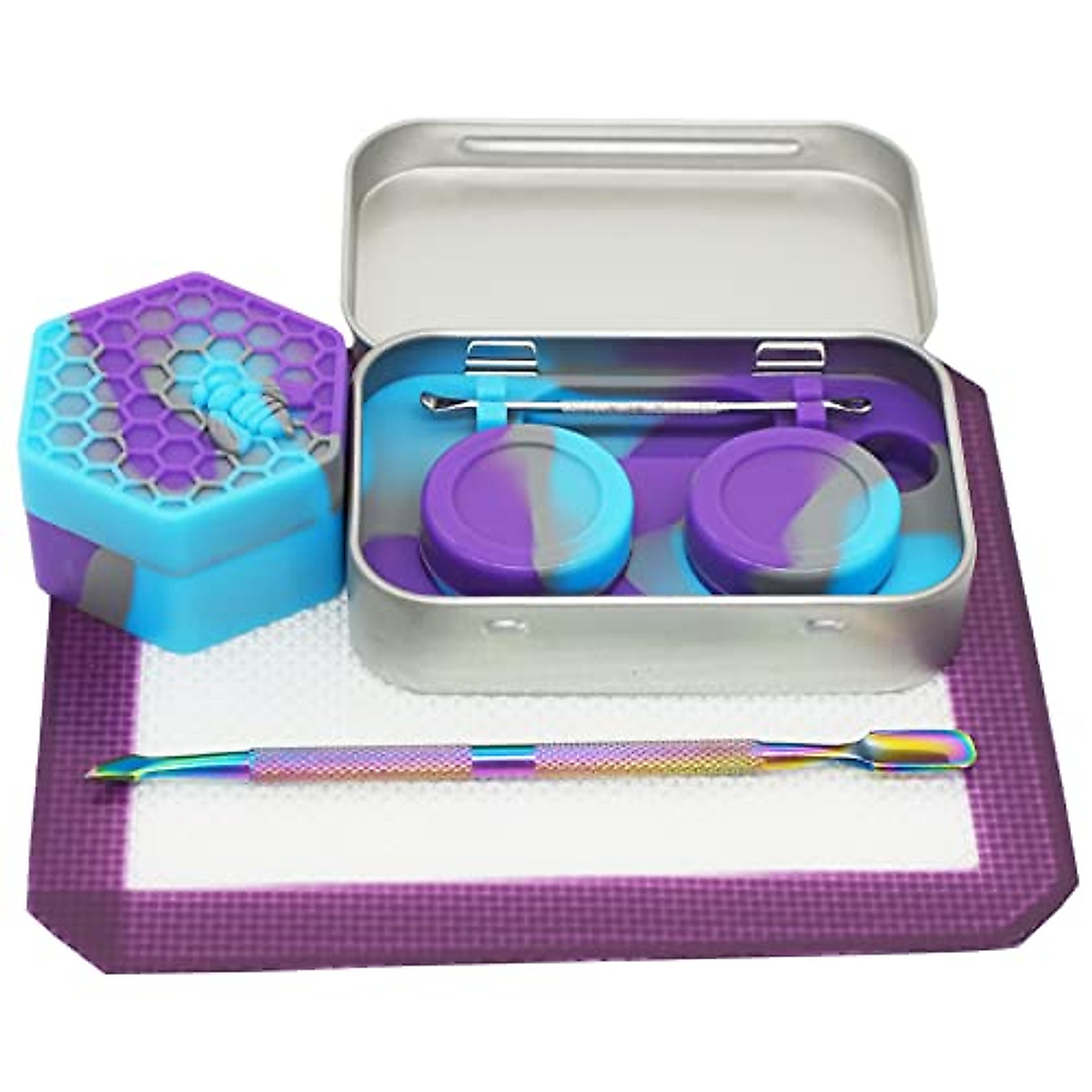 Vitakiwi Silicone Wax Carving Travel Kit with 5ml 26ml Honeybee Concentrate Containers + 5.2" Rainbow Tool + 5.9"×4.9" Mat + Tin Carrying Box (Purple Blue Grey)
