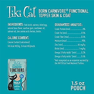 Tiki Cat Born Carnivore Functional Topper Skin & Coat, Salmon in Broth, Highly Palatable with Aromatic Salmon for Picky Eaters, Wet Cat Food Mousse, 1.5 oz. Pouch, (Pack of 12)