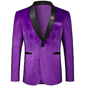 MAGE MALE Men's Velvet Slim Fit Suit Blazer Jacket Shawl Lapel One Button Dinner Prom Wedding Tuxedo Purple