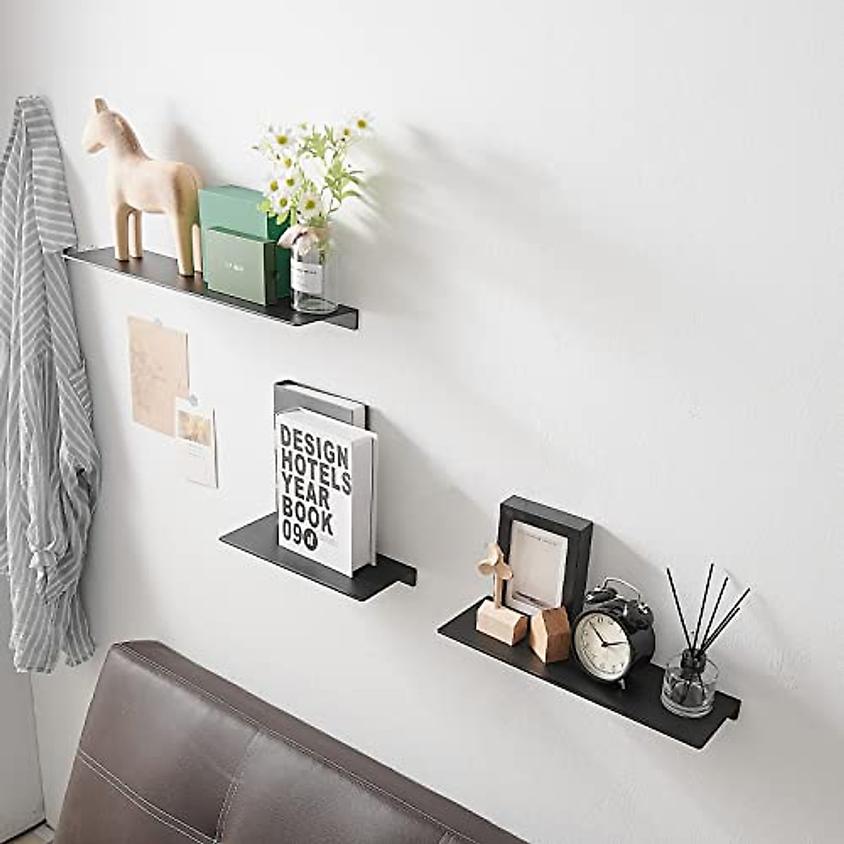 JOOM Black Floating Shelves for Wall Storage, Metal Wall Shelves for Living Room, Bathroom, Kitchen, 12” Small Display Shelves for Collectibles(2 PCS)