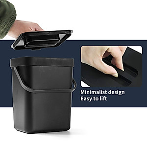 Domiella 2 Pack 1.3 + 0.8Gal Hanging Small Trash Can with Lid, Kitchen Compost Bin for Counter Top Under Sink, Sealed Food Waste Bin, Mountable Indoor Compost Bucket for Cupboard/Bathroom (Black)