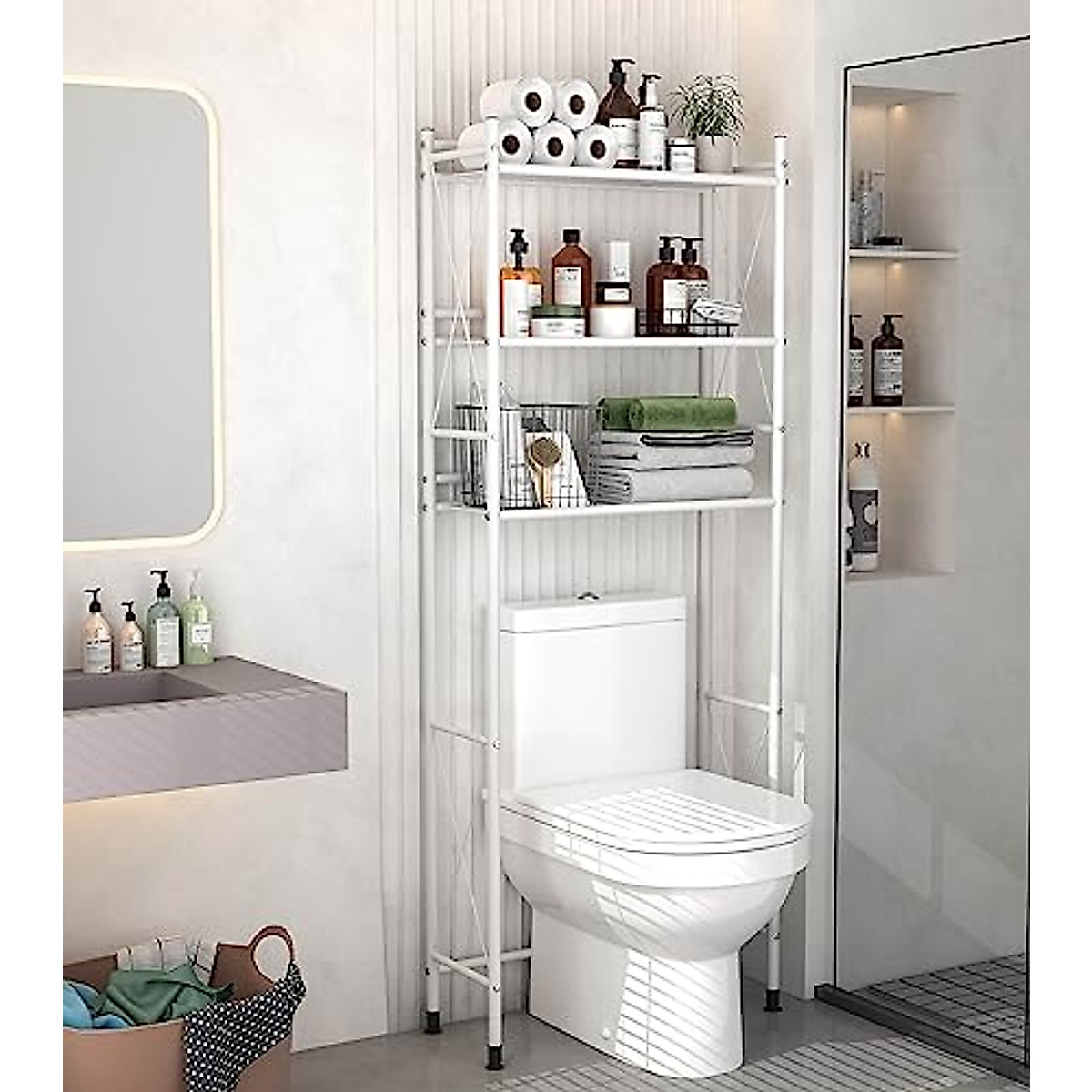 TZAMLI Over The Toilet Storage Shelf, 3-Tier Bathroom Organizer Space Saver, Free-Standing Above Toilet Rack Metal Bathroom Shelves, White