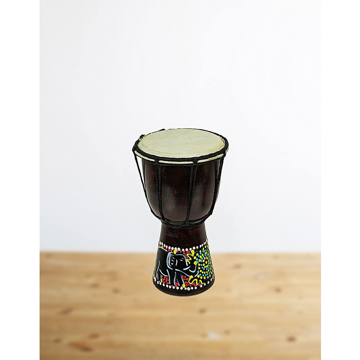 Aboriginal Dot Painted Elephant Djembe Drum 8 Inches Tall 4.5 Inch Diameter