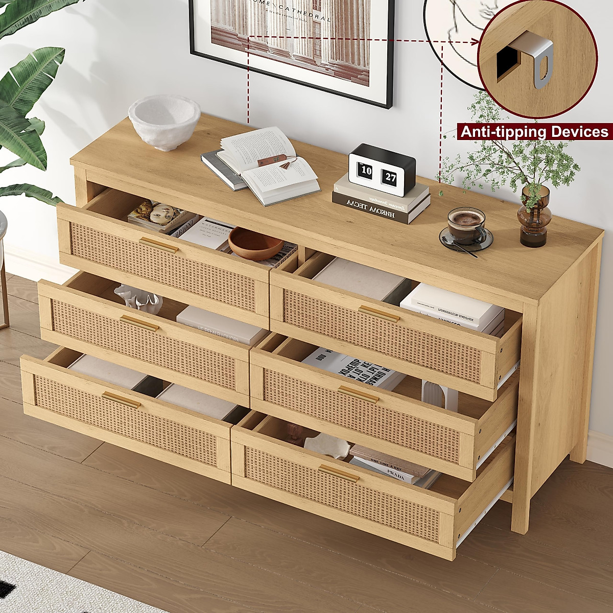 Keehusux Rattan 6 Drawer Dresser for Bedroom, Wooden Storage Chest of Drawers with Metal Handles, Double Dresser Chest for Living Room, Entryway, Natural KES002MDG