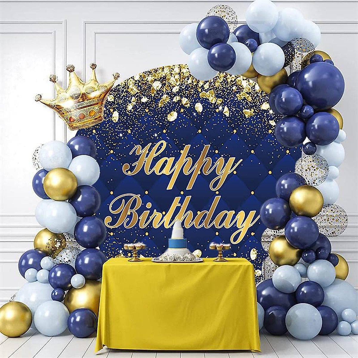 Canessioa 7.2x7.2ft Royal Blue Birthday Round Backdrop Cover Diamonds Chips Golden Glittering Round Backdrop Polyester Kids Adult Birthday Party Photo Shoot Backdrop Cake Table Decoration Banner