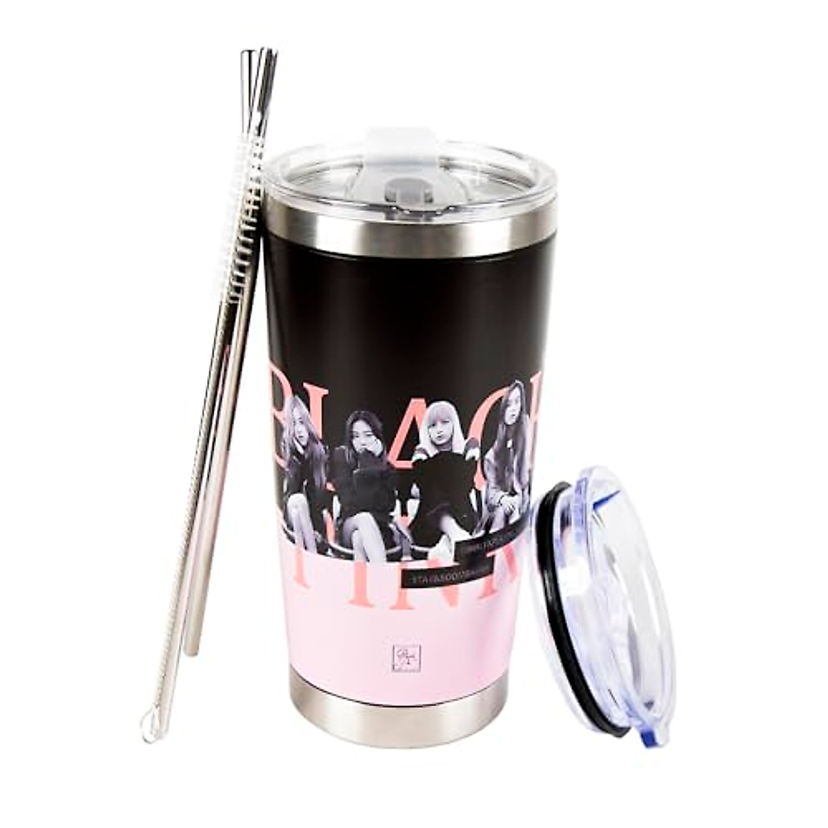 Maxerkeep 20OZ Tumbler with Leak-Proof Straw Lid & Flip Lid， 2 Metal Straws,1 Cleaning Brush，Insulated Coffee Mug Water Cup Black and Pink water bottle jisoo jennie rose lisa