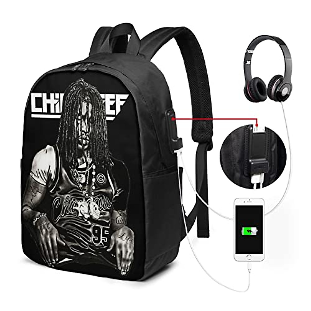JamesHEvans Chief Popularity Rapper Keef Extra Large Travel Laptop Backpack, College School Computer Bookbag With USB Charging/Headphone Port Daypack Fits 17x 12 x 6.5 Inch Laptops Bag For Men Women