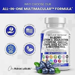 Eye Health Vitamins with Bilberry 6000mg Lutein & Zeaxanthin 40mg Lycopene 40mg Resveratrol 3000mg Grape Seed Extract 6000mg Omega 3 4000mg Astaxanthin - Eye Vitamin - 60 Capsules