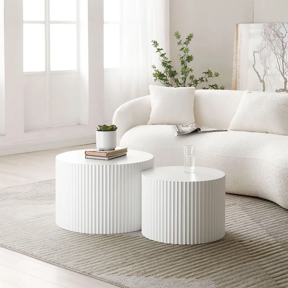 KEVINSPACE Round Coffee Table Set of 2 Nesting CoffeeTable Modern for Living Room, Round End TableSet, Wooden Circle Side Table No Need Assembly Accent Furniture for Bedroom Balcony Lounge White
