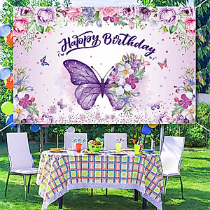 Butterfly Happy Birthday Backdrop, Purple Butterfly Decorations Banner for Girl Women Floral Butterfly Backdrop for Baby Shower Fairy Birthday Decorations, Spring Butterfly Birthday Party Supplies