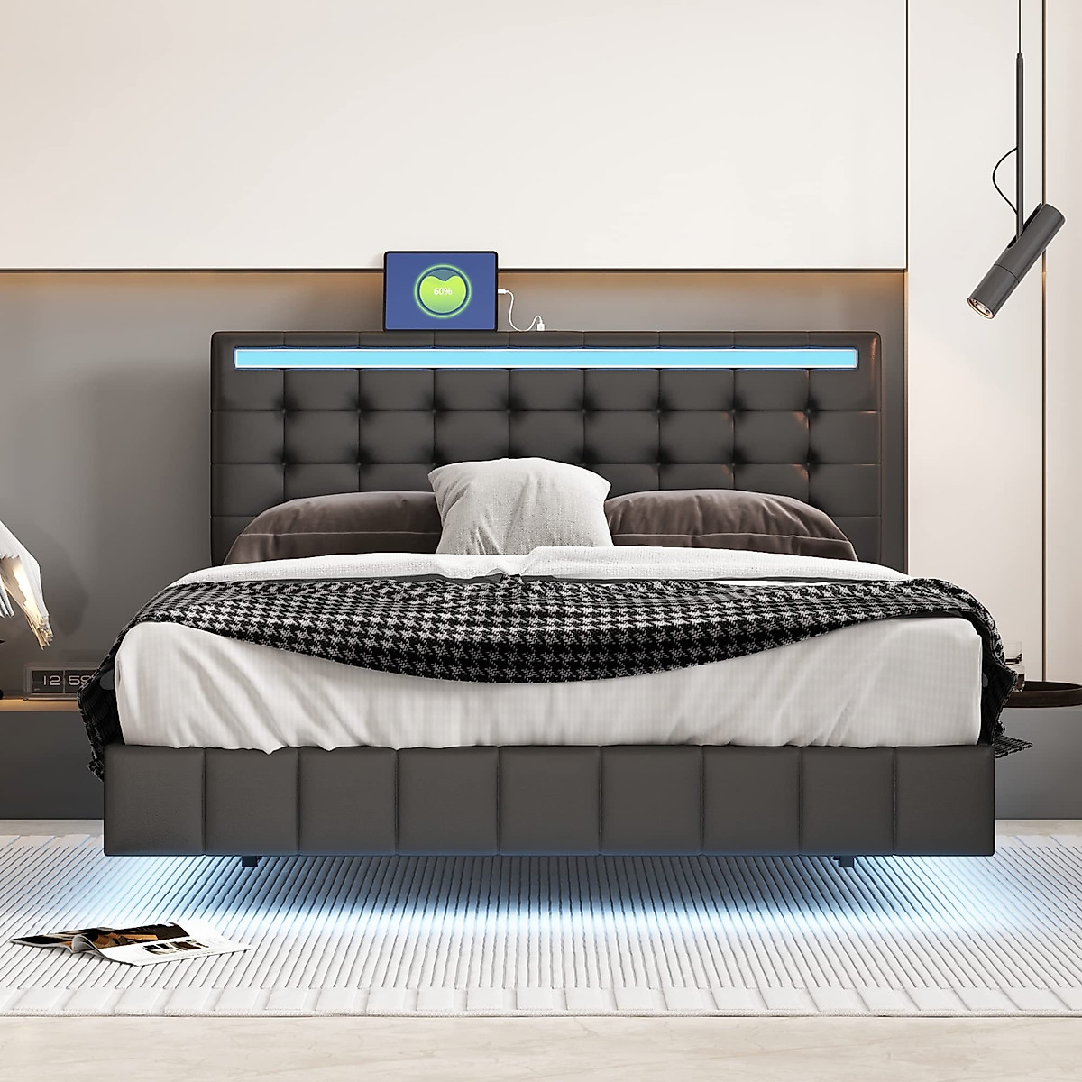 VilroCaz Queen Size Upholstered Platform Bed with LED Lights and USB Charging, Floating Bed Frame Mattress Foundation with Sturdy Slatted Support, No-Noise Design (Black-Float)