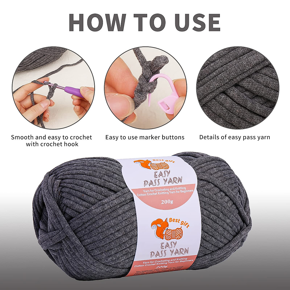 Fedmut Yarn for Crocheting -200g Beginners Chunky Cotton Yarn Easy-to-See Stitches Thick Worsted Yarn for Knitting Craft -Grey