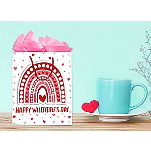 FaCraft Happy Valentines Day Gift Bag with Handle Large Rainbow Valentines Gift Bag with Tissue Paper,Love Heart Romantic Valentines Gift Bags for Her Him Men Girlfriend Boyfriend Husband Wife