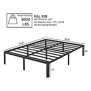 Riwanca 14 Inch Full Size Bed Frame No Box Spring Needed, Heavy Duty Black Metal Platform Mattress Foundation with Rounded Corners, Non-Slip Noise Free Easy Assembly